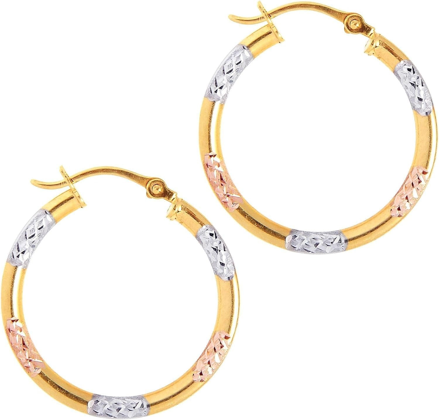 10K Tri-color Gold Diamond Cut Hoop Earring with Hinged Closure ...