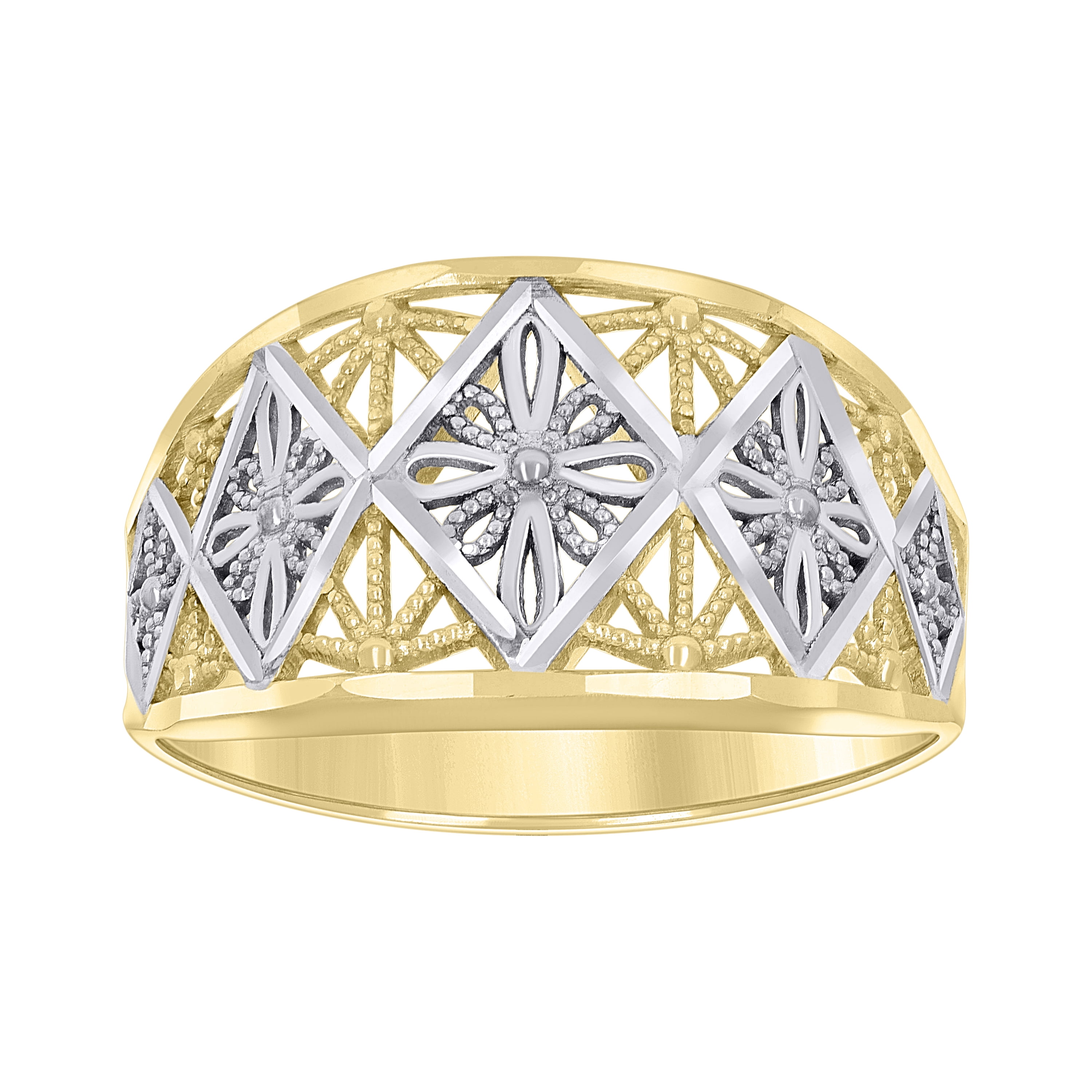 10K Two Tone Gold Women's 11mm Diamond Cut Dome Band Square Floral ...