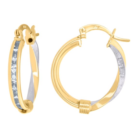 10K Two-Tone Gold Womens Baguette Cubic-Zirconia Textured Twisted Hoops ...