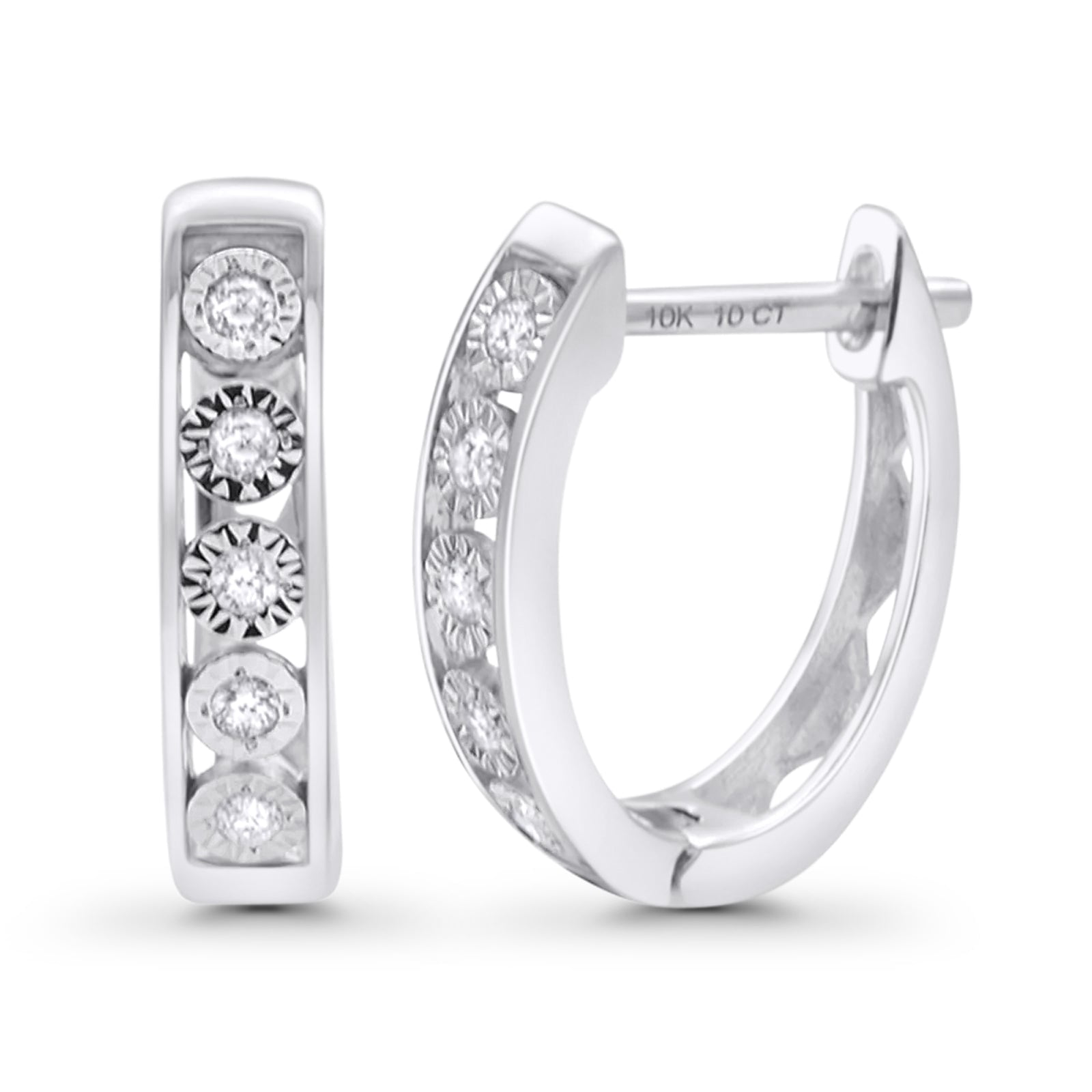 10K White Gold 14mm Round Half Eternity Diamond Hoop Huggie Earrings ...