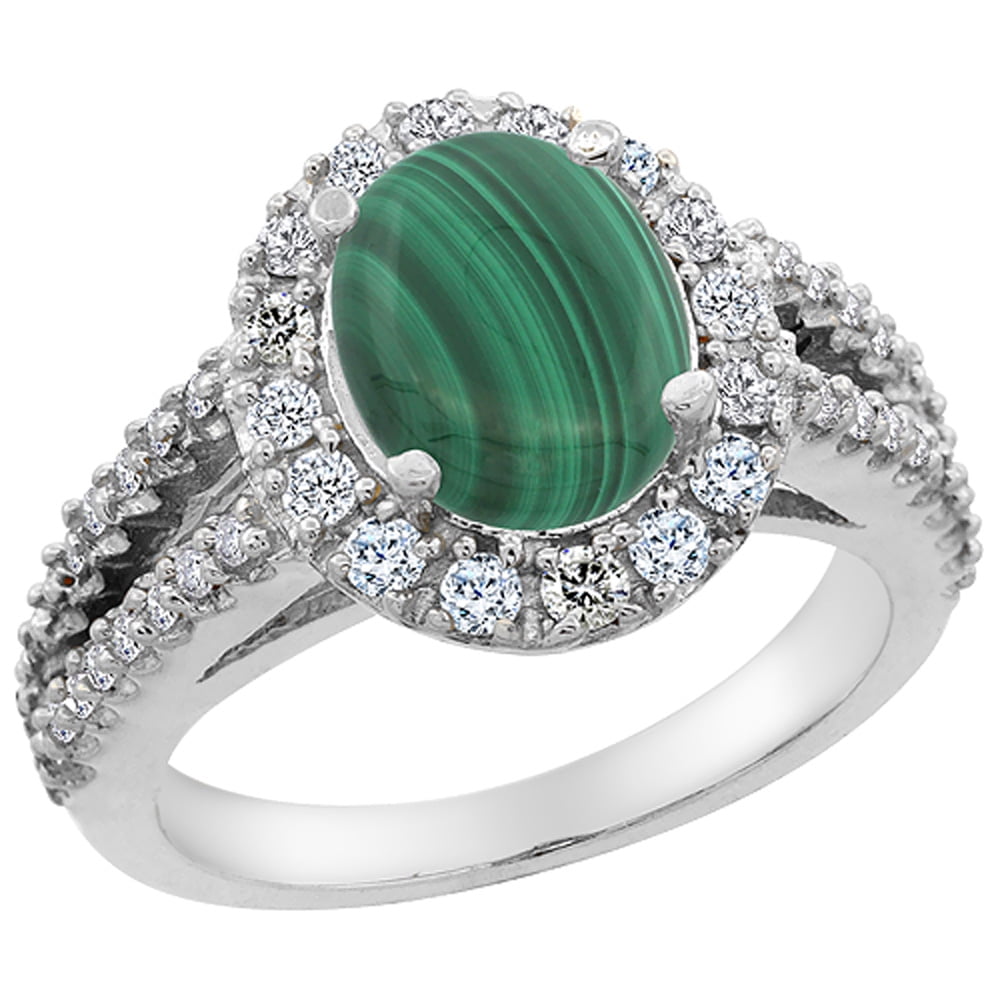 10K White Gold Diamond Natural Malachite Engagement Ring Oval 10x8mm ...
