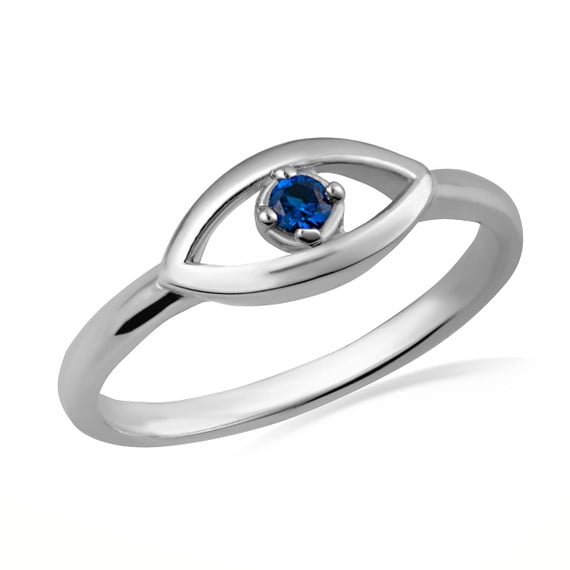 10K White Gold Evil Eye Birthstone Protection Ring Blue Sapphire (SIZE ...