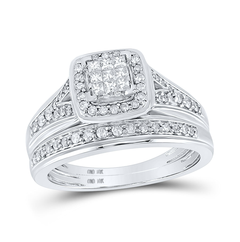 10K White Gold His Hers Princess Diamond Square Matching Wedding Set 3/ ...
