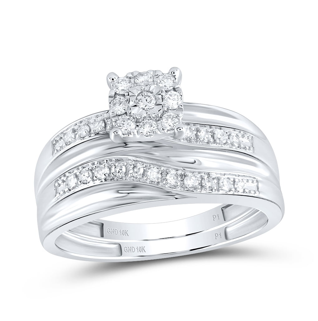 10K White Gold His Hers Round Diamond Solitaire Matching Wedding Set 1/ ...