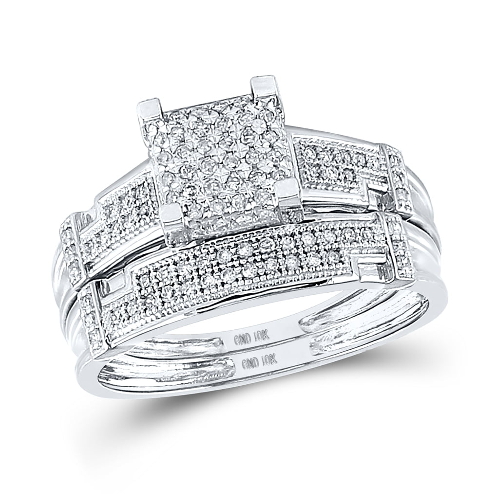 10K White Gold His Hers Round Diamond Square Matching Wedding Set 1 ...