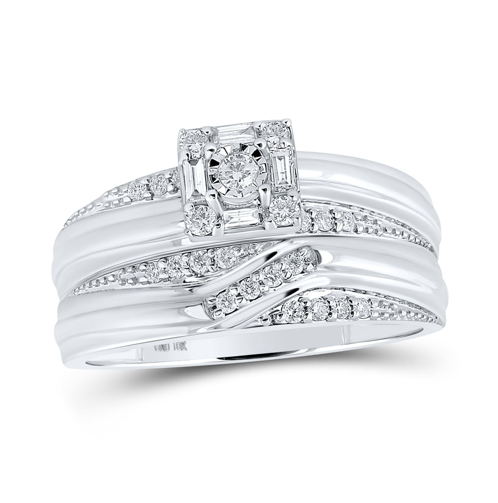10K White Gold His Hers Round Diamond Square Matching Wedding Set 1/3 ...