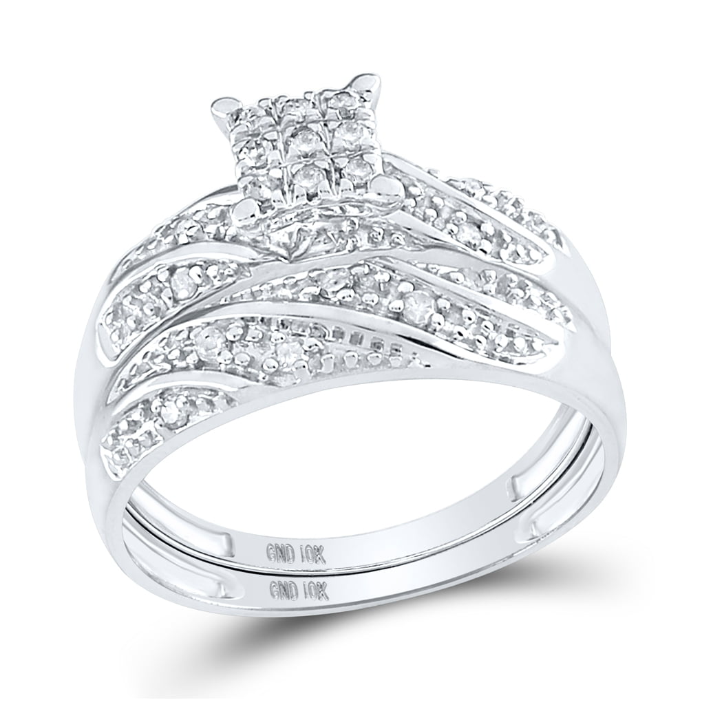 10K White Gold His Hers Round Diamond Square Matching Wedding Set 1 ...