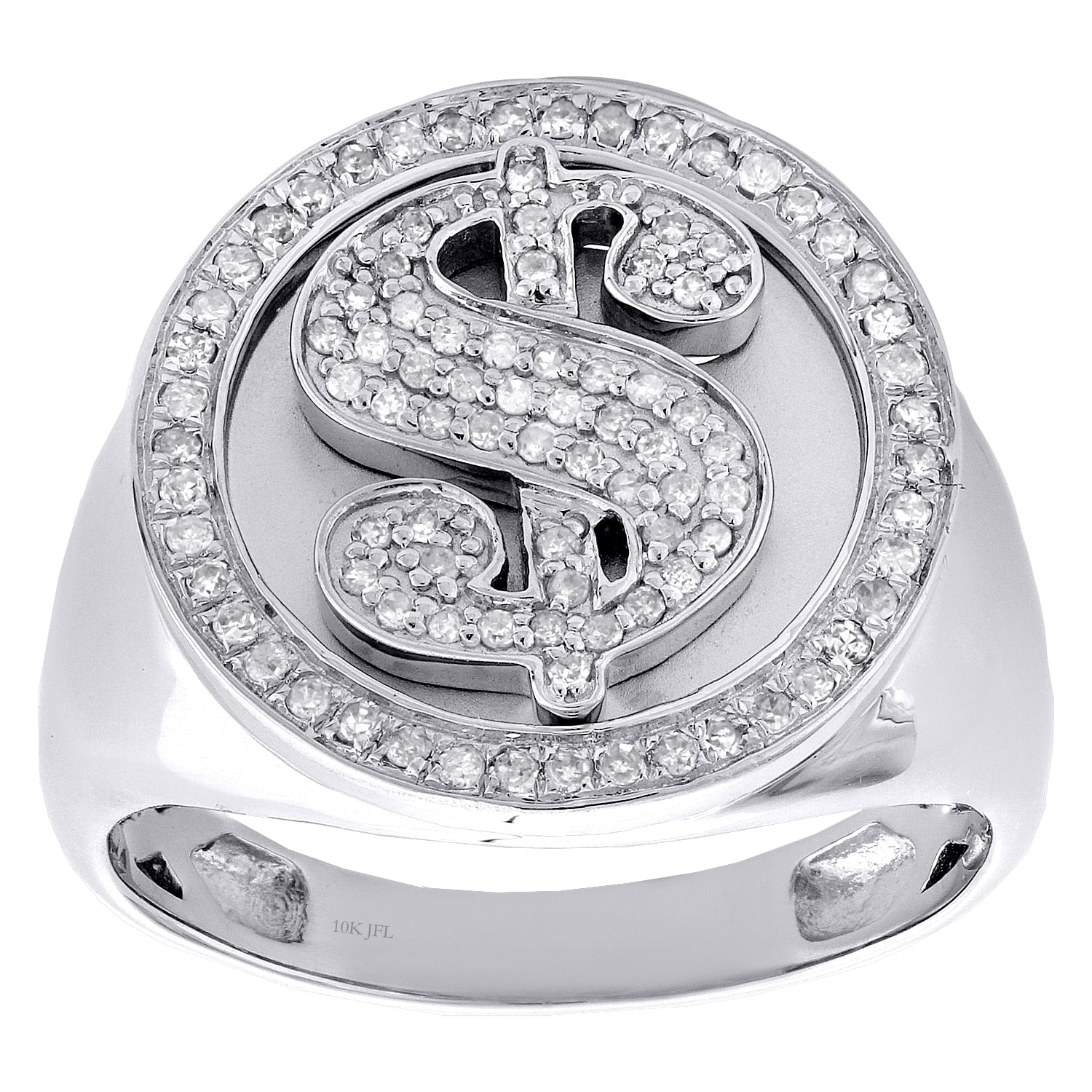 10K White Gold Mens Diamond Dollar Sign Money Pinky Ring 19mm Pave Band ...