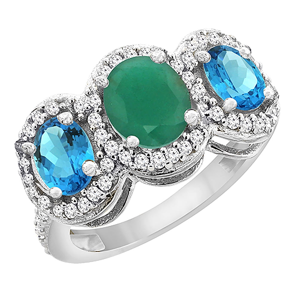 10K White Gold Natural HQ Emerald & Swiss Blue Topaz 3-Stone Ring Oval ...