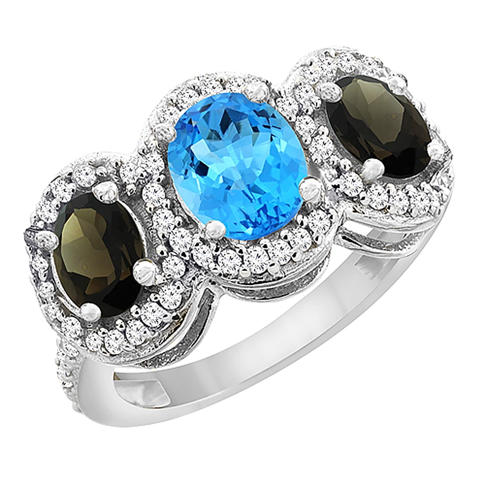 10K White Gold Natural Swiss Blue Topaz & Smoky Topaz 3-Stone Ring Oval ...