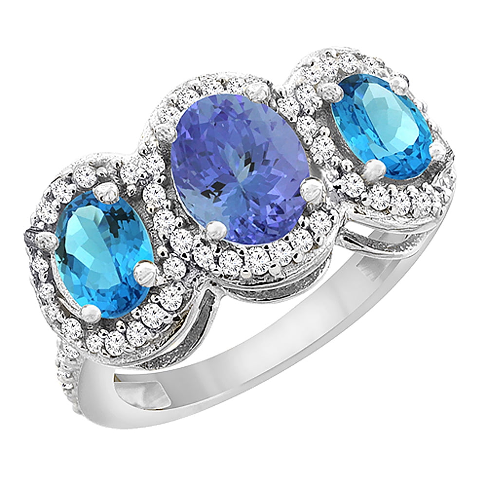10K White Gold Natural Tanzanite & Swiss Blue Topaz 3-Stone Ring Oval ...