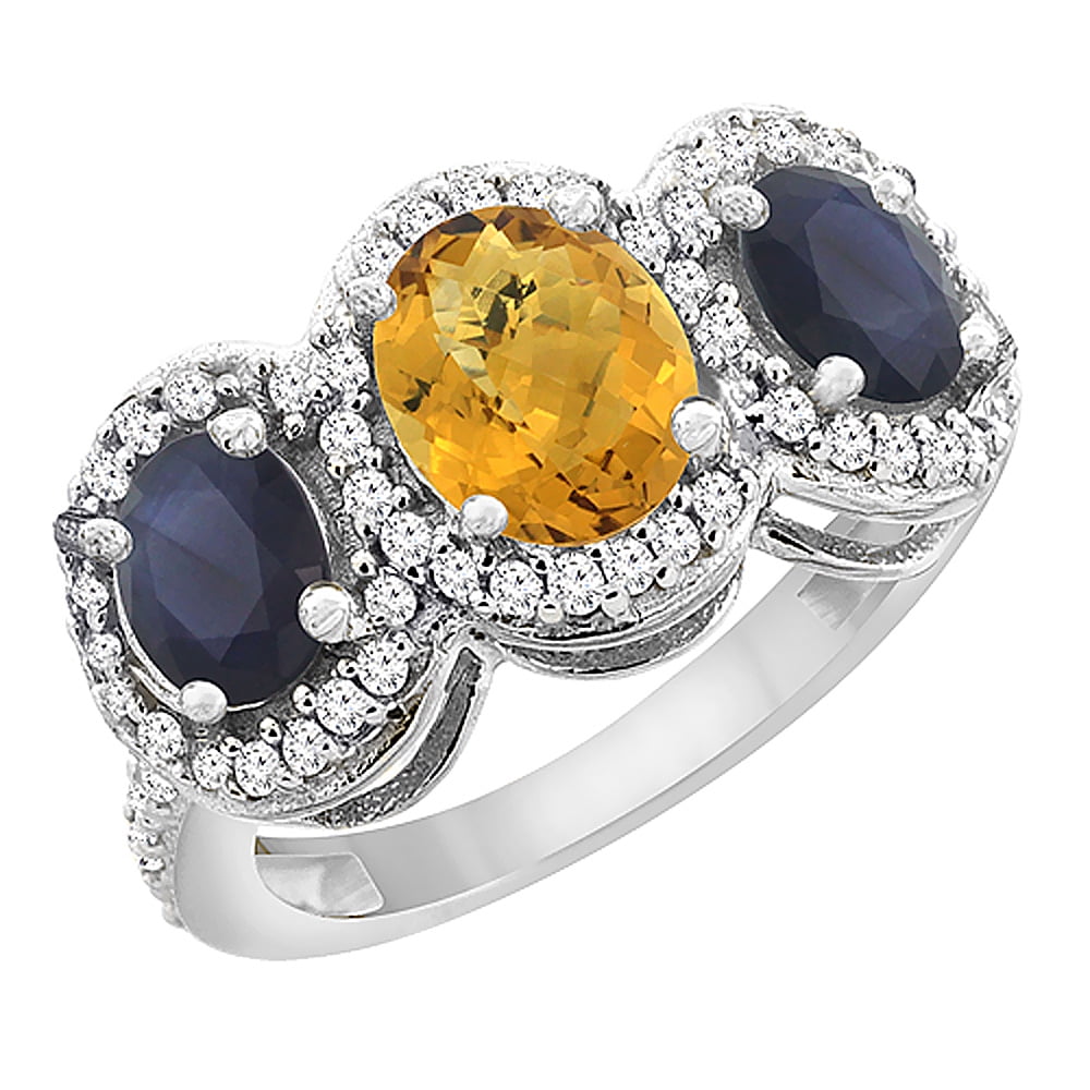 10K White Gold Natural Whisky Quartz & HQ Blue Sapphire 3-Stone Ring Oval Diamond Accent, size 7 ...