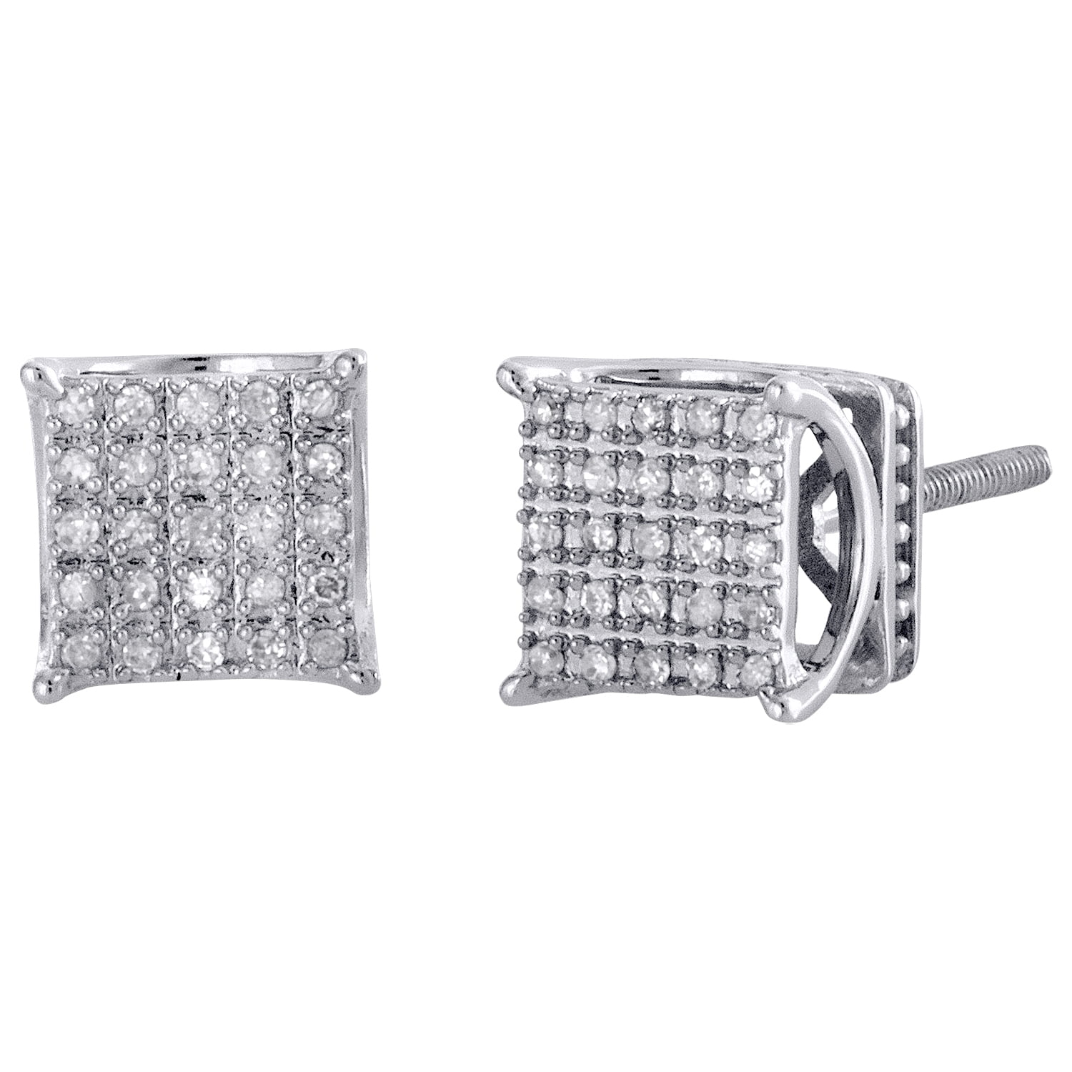 10K White Gold Pave Set Diamond 4 Prong 3D Square Studs Mini Earrings 0 ...