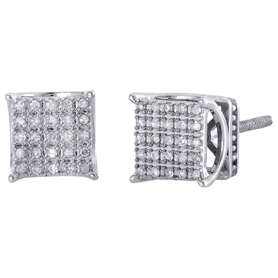 10K White Gold Pave Set Diamond 4 Prong 3D Square Studs Mini Earrings 0 ...