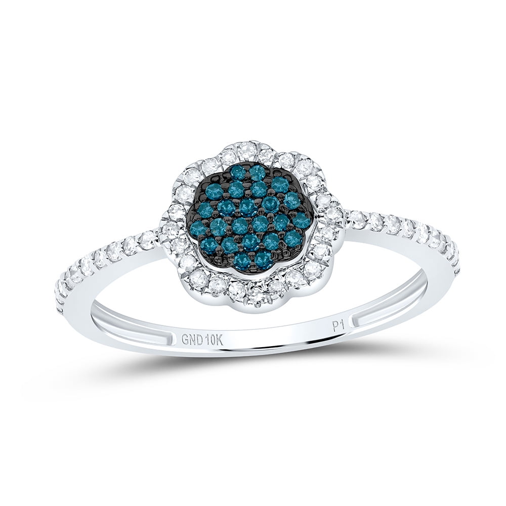 10K White Gold Real Blue Diamond Floral Cluster Flower Right Hand Ring ...