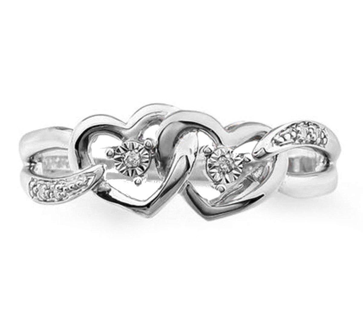 10K White Gold Twin Hearts Ring 0.03ctw Diamond Split Sides ...