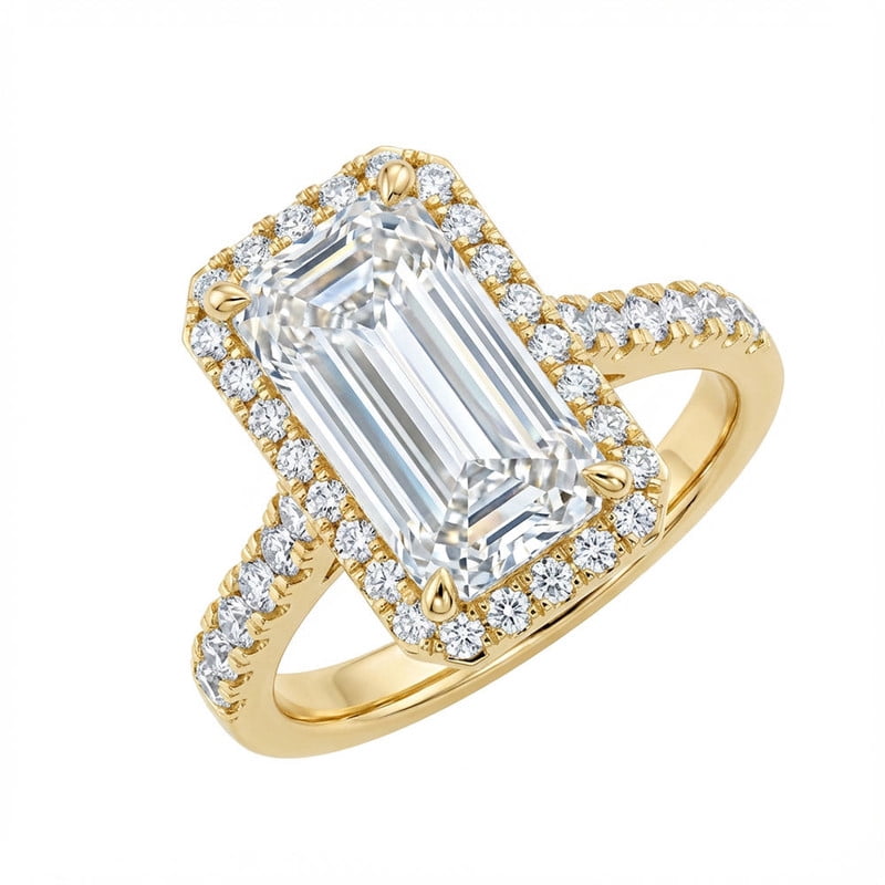 10K Yellow Gold 1.5CT Emerald Cut Halo Lab Grown Engagement Ring with ...