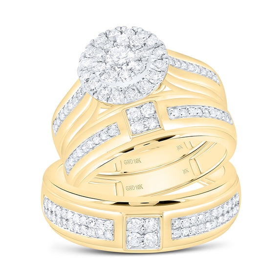 10K Yellow Gold 1Ctw Natural Diamond Round Trio Set, Womens: 6/Mens: 9. ...