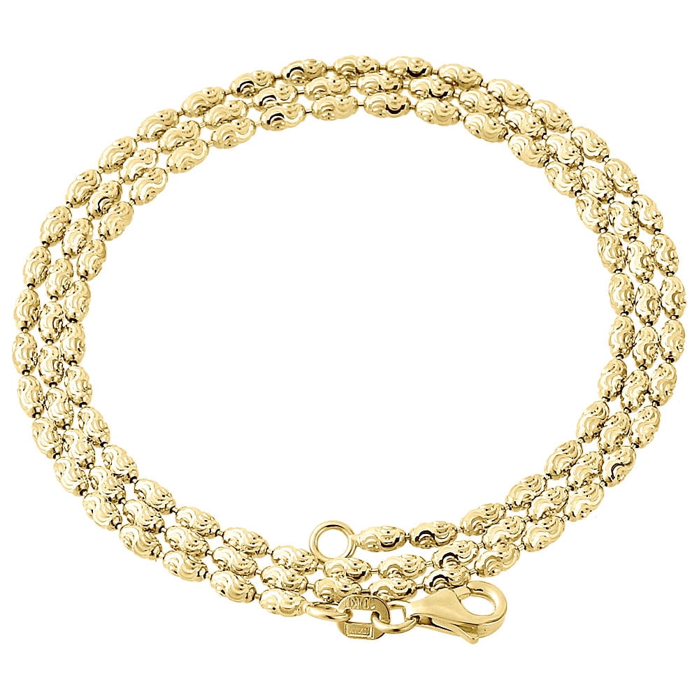 10K Yellow Gold 2MM Rice Typhoon Moon Cut Italian Bead Chain Necklace ...