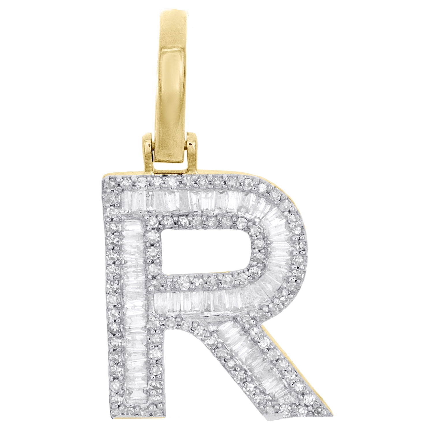 10K Yellow Gold Baguette Diamond Letter R Pendant 1" Block Initial ...