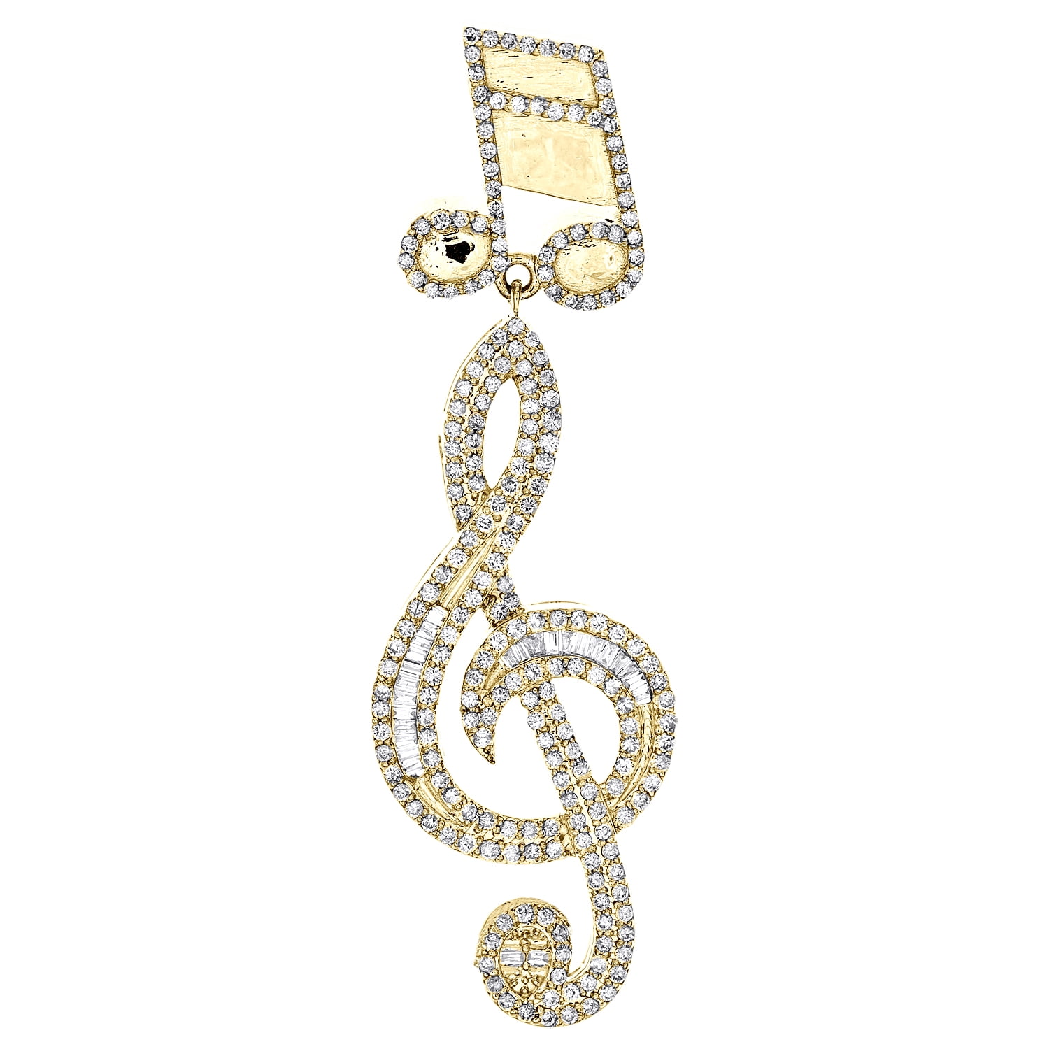 10K Yellow Gold Baguette Diamond Treble Clef Musical Note Pendant Charm ...