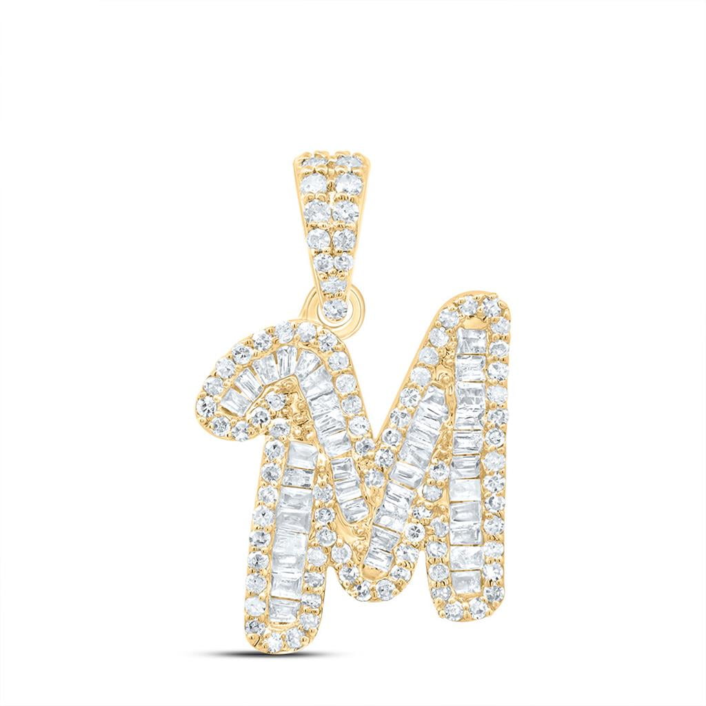 10K Yellow Gold Baguette Diamond Women's Script Font Initial M Pendant ...