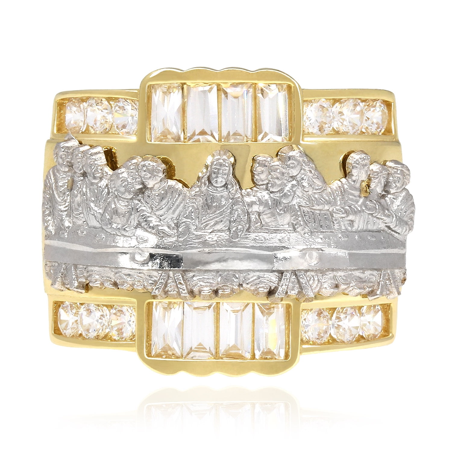 10K Yellow Gold Baguette and Round Created Diamond Last Supper Ring ...