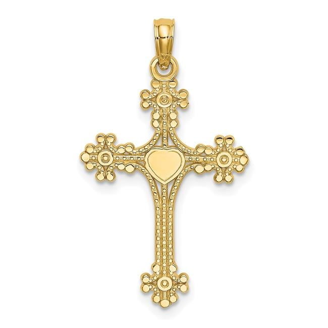 10K Yellow Gold Beaded Tip Cross with Heart Center Charm - Walmart.com