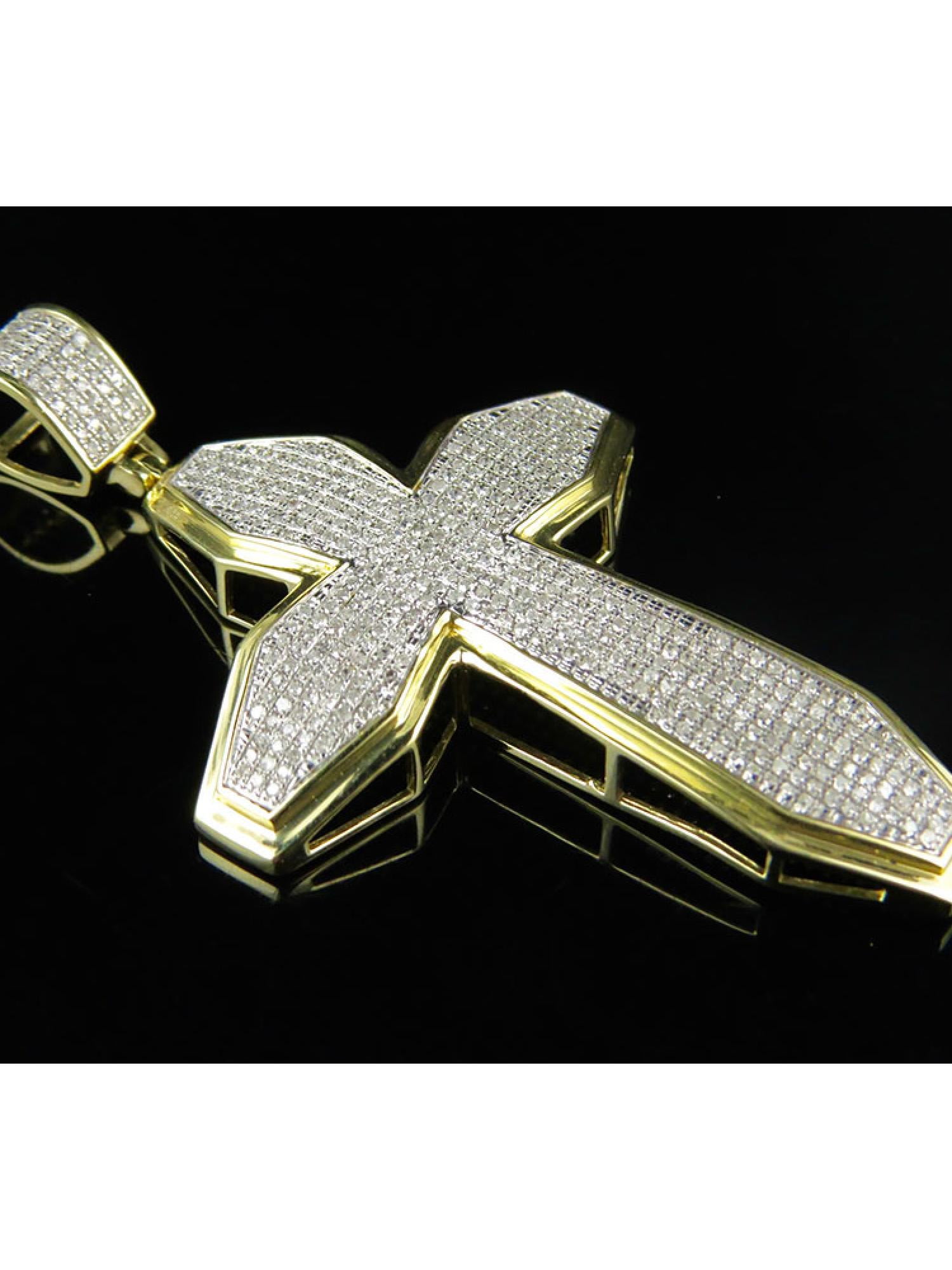 10K Yellow Gold Beveled Pave Diamond Cross Pendant 2.5 inch 1.0ct ...
