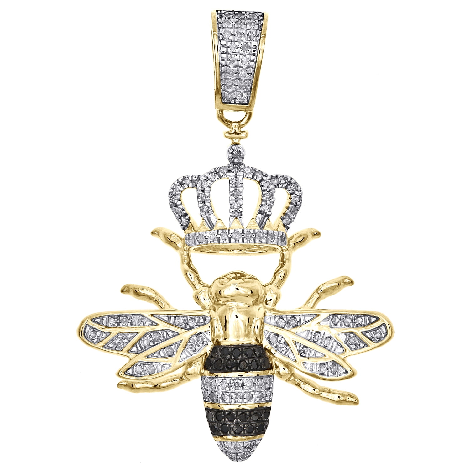 10K Yellow Gold Black Diamond Queen Bee Crown Bumblebee 1.55" Pave ...