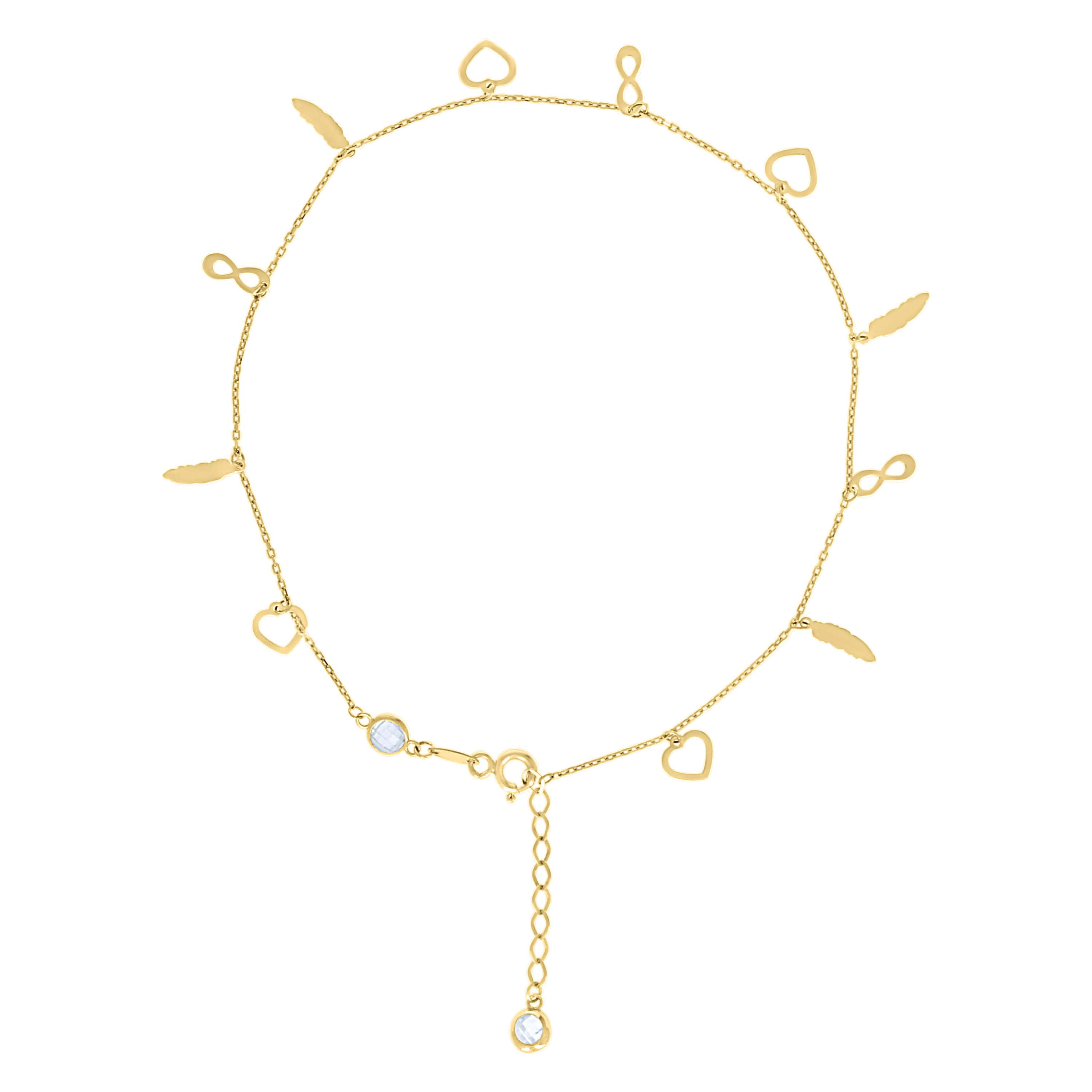 10K Yellow Gold CZ Women's Heart, Infinity & Feather Charm Cable Anklet ...