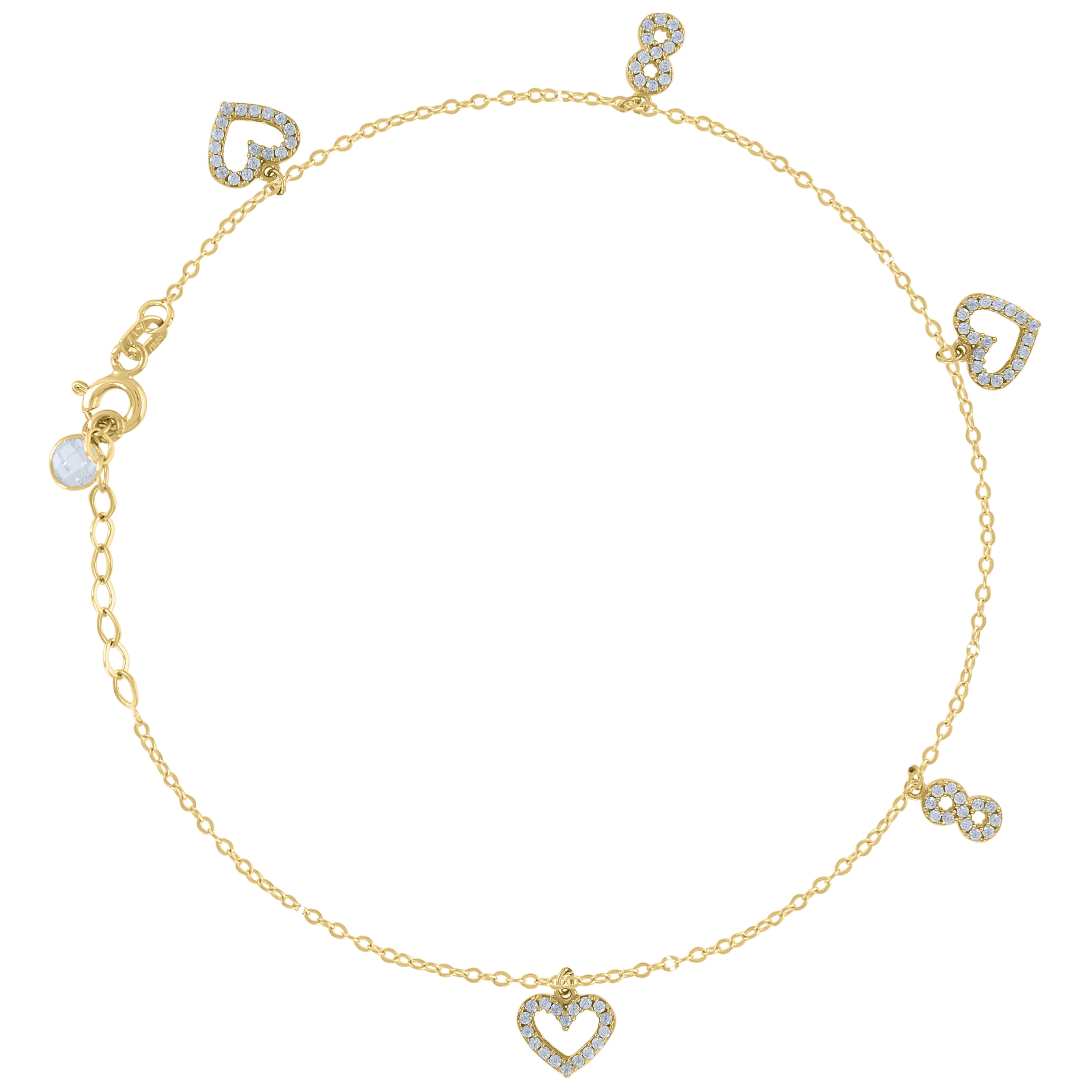 10K Yellow Gold CZ Womens Dangle Heart & Infinity Charm Cable Anklet 9" + 1" Ext - Walmart.com