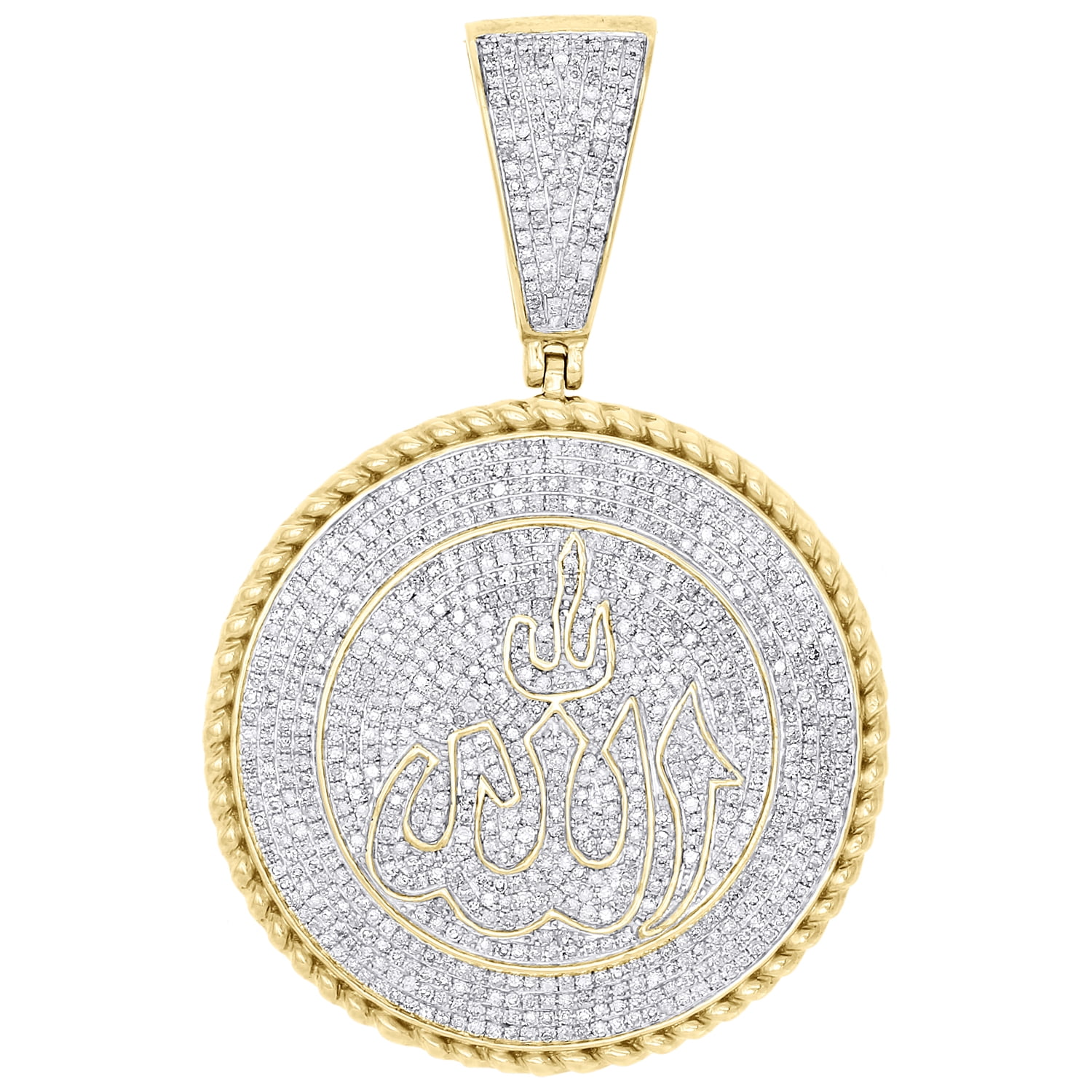 10K Yellow Gold Diamond Allah Rope Edge Medallion Pendant 2.25" Charm 2 ...