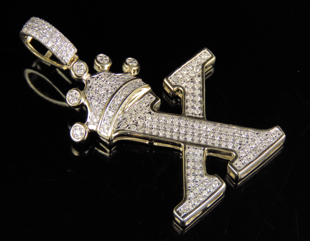 10K Yellow Gold Diamond Crown Initial "X" Letter Pendant 0.40 Ct 1.5 ...