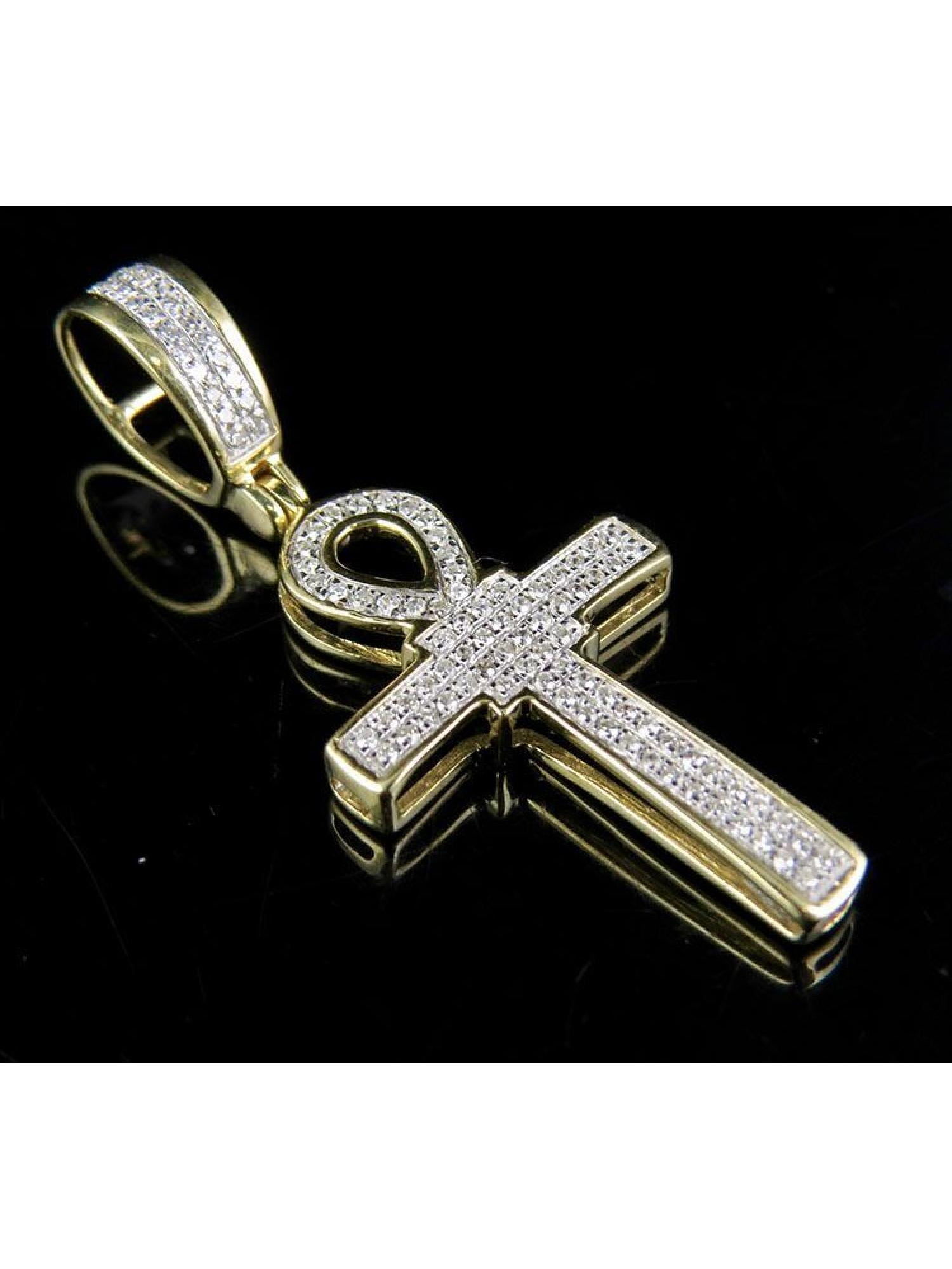 10K Yellow Gold Diamond Egyptian Ankh Cross Pendant 0.20 Ct 1.5 ...
