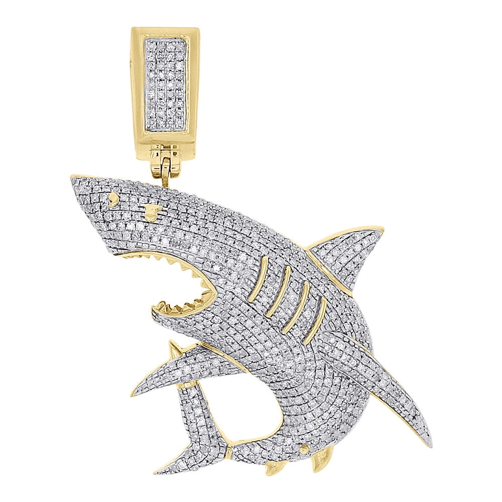 10K Yellow Gold Diamond Great White Shark Jaws Pendant 1.75" Mens Charm ...