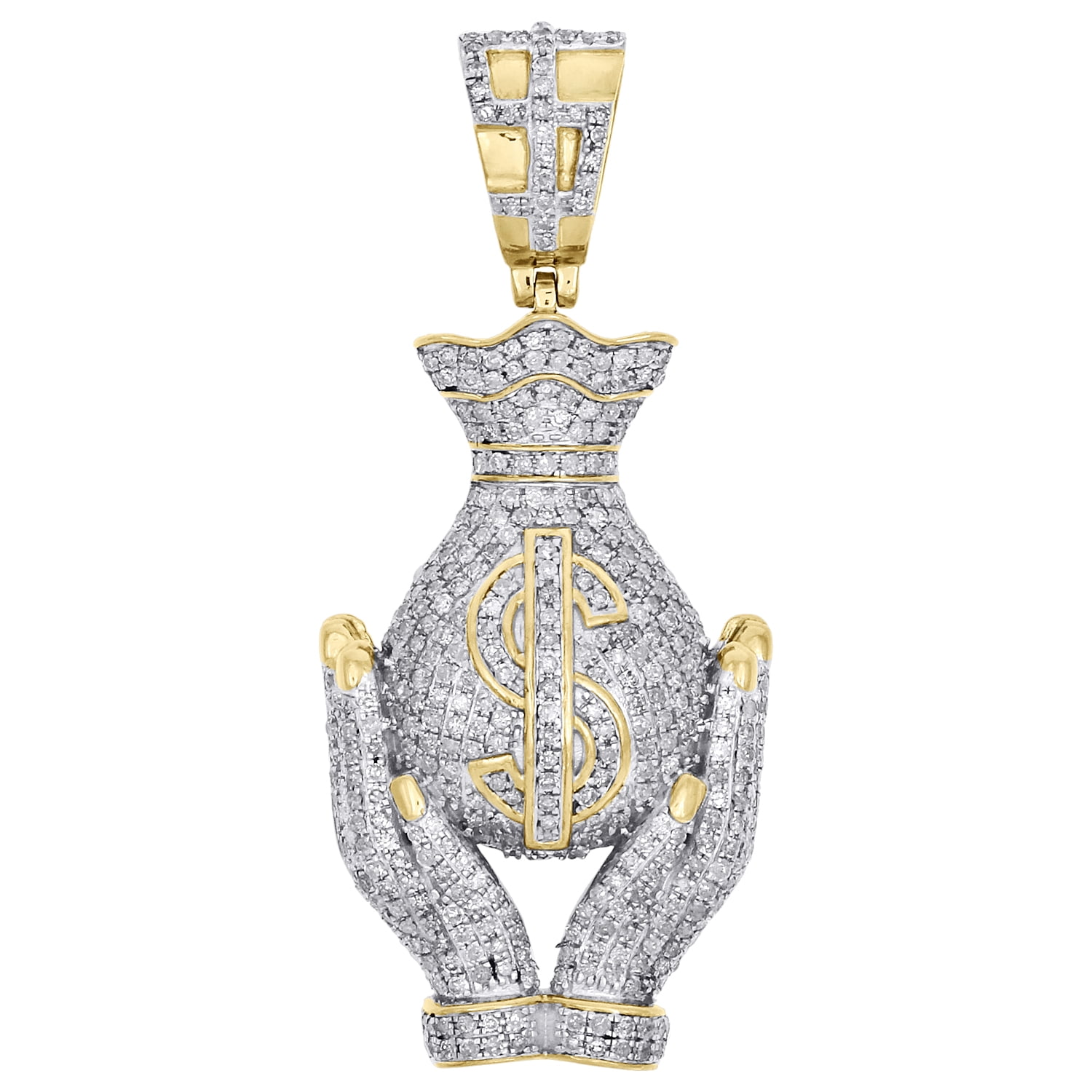 10K Yellow Gold Diamond Hands Holding Money Bag Pendant Designer Charm ...