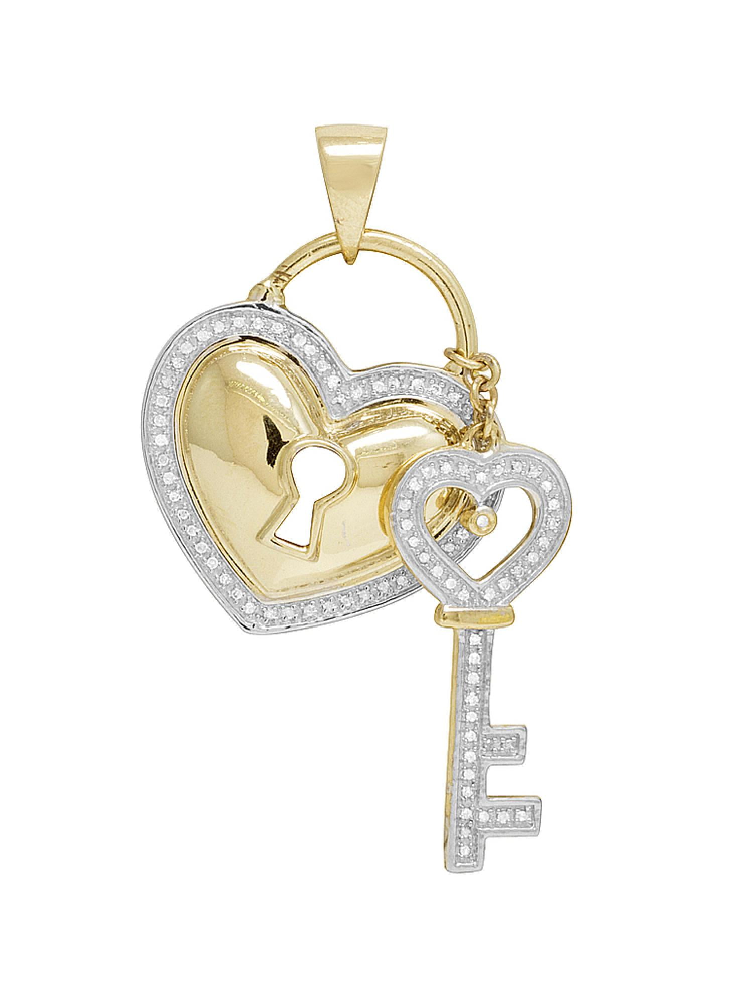 10K Yellow Gold Diamond Heart Lock Key Pendant 0.50 Ct 1.3" - Walmart.com