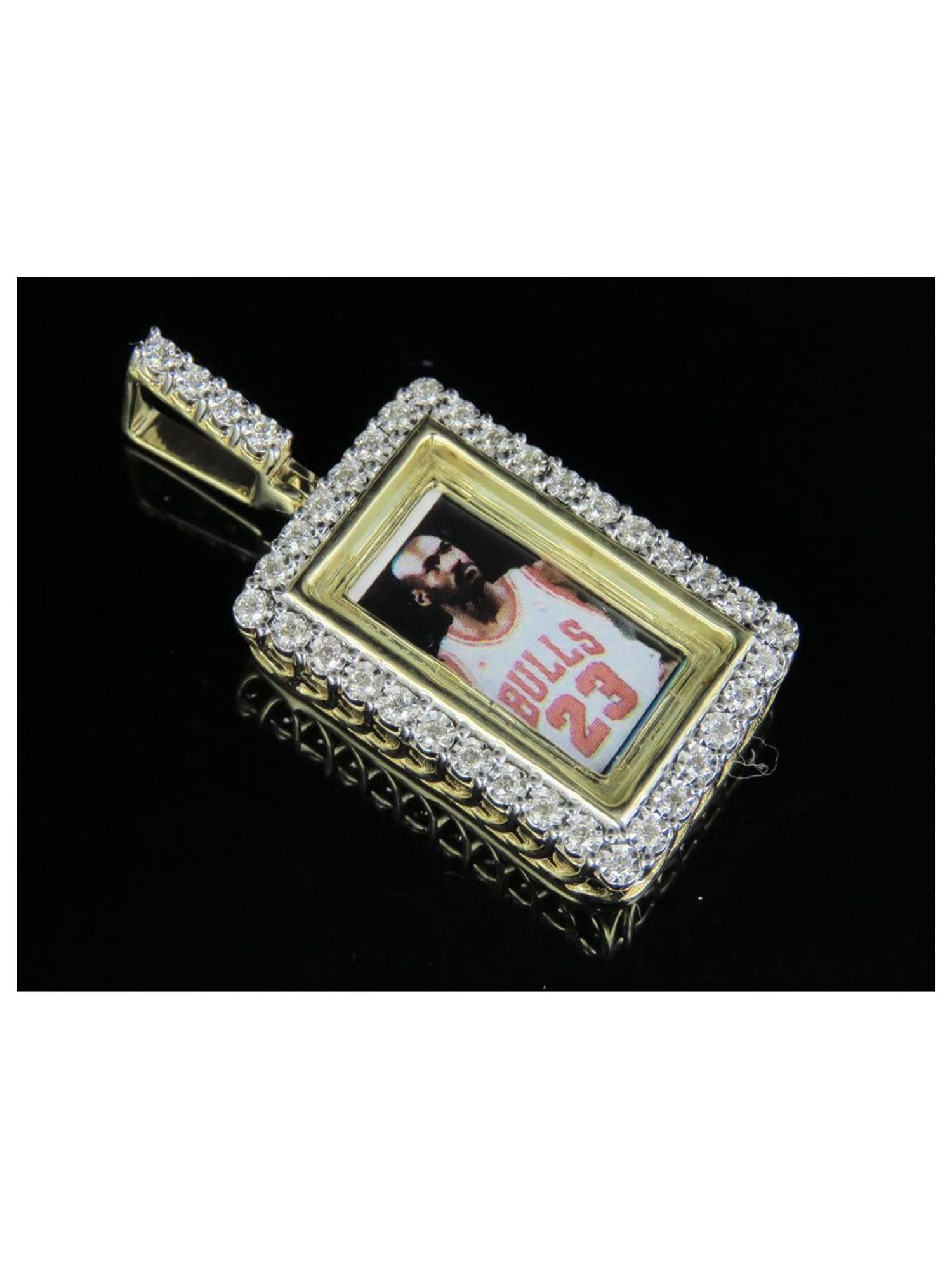 10K Yellow Gold Real Diamond Memory Frame Photo Engrave Pendant 0.35 CT ...