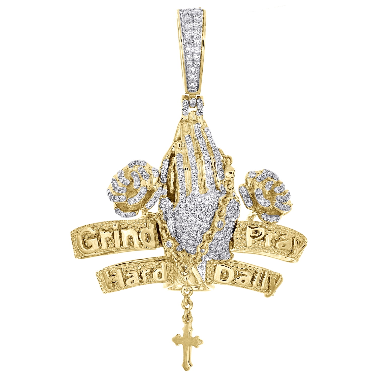 10K Yellow Gold Diamond Men's GRIND HARD PRAY DAILY Praying Hands ...