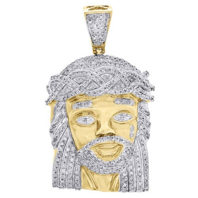 10K Yellow Gold Diamond Pave Set Tear Drop Jesus Face Men's Pendant 1. ...