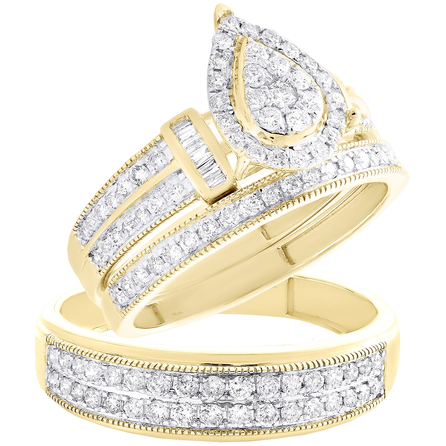 10K Yellow Gold Diamond Trio Set Teardrop Bridal Set Milgrain Wedding ...