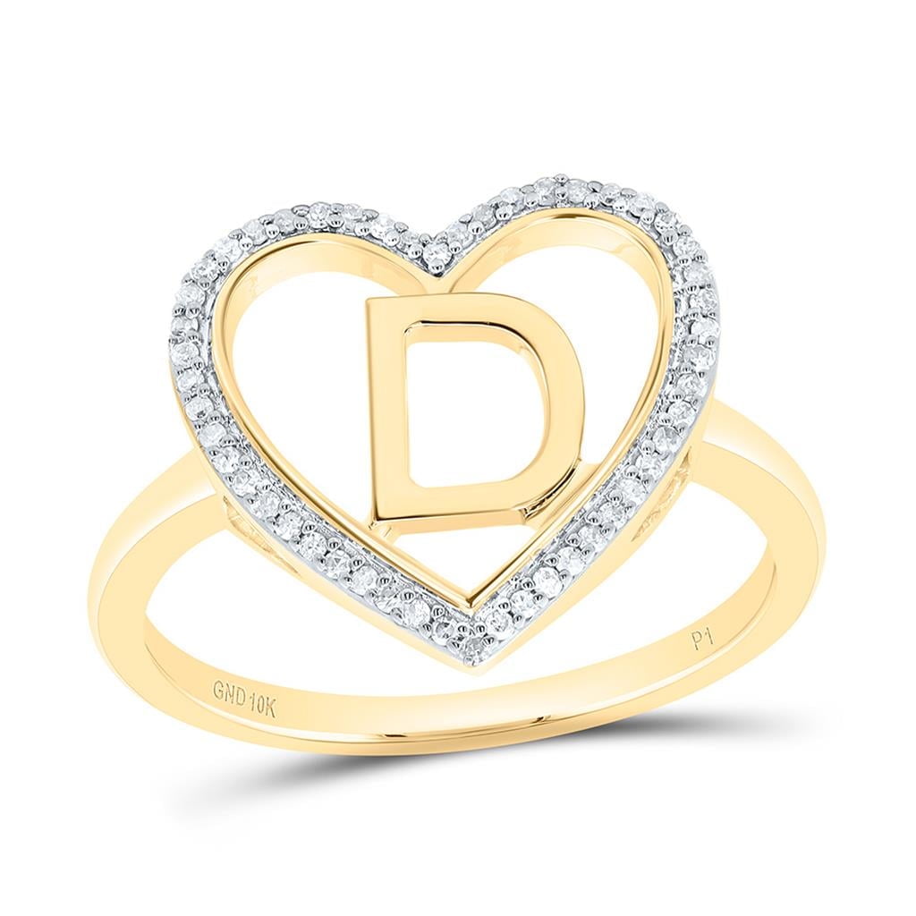 10K Yellow Gold Diamond Women's Block Letter D Initial Heart Frame Ring ...