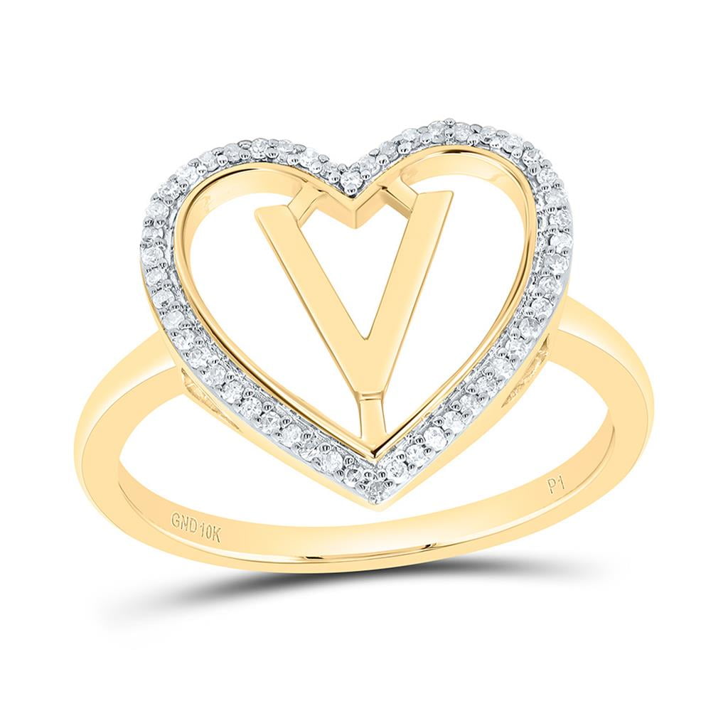 10K Yellow Gold Diamond Women's Block Letter V Initial Heart Frame Ring 1/10 CT - Walmart.com