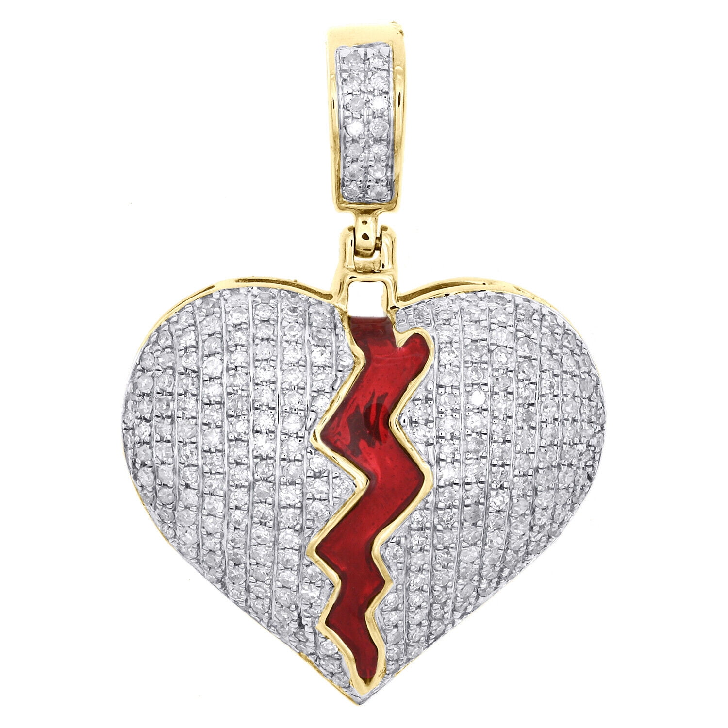 10K Yellow Gold Finish Round Diamond Broken Split Heart Pendant 1.20" Pave Charm 3/4 CT ...