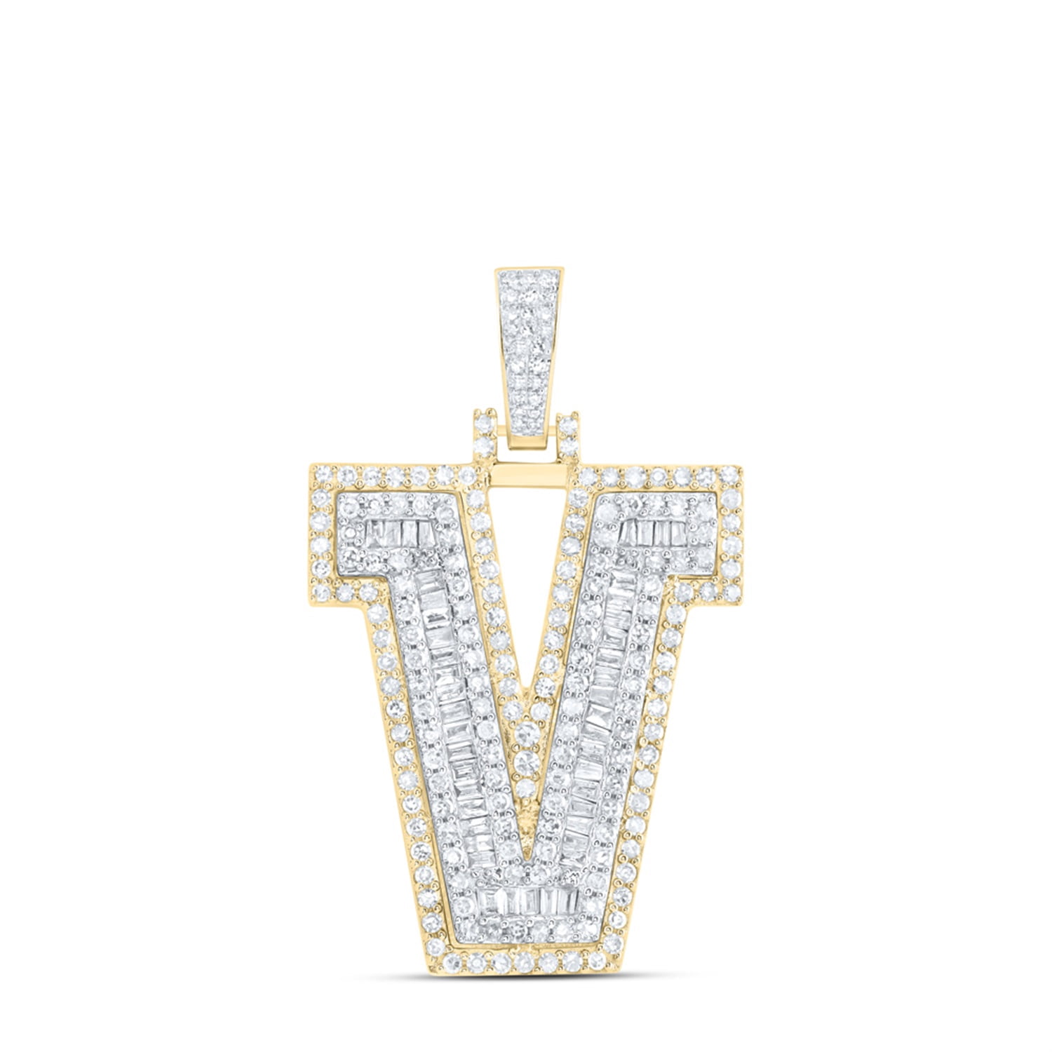 10K Yellow Gold Genuine Baguette Diamond Iced Out Letter V Initial ...