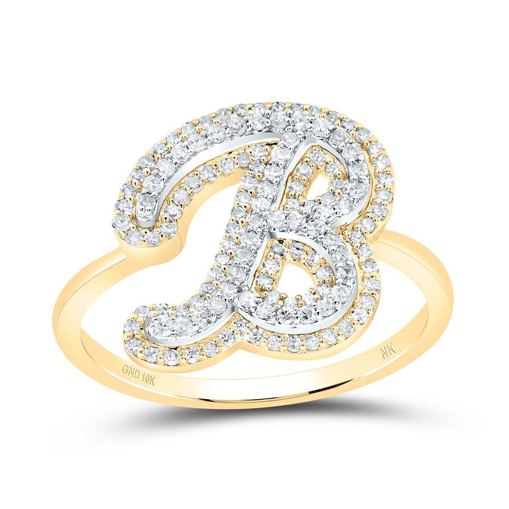 10K Yellow Gold Genuine Diamond Women's Script Letter B Initial Ring 3/ ...