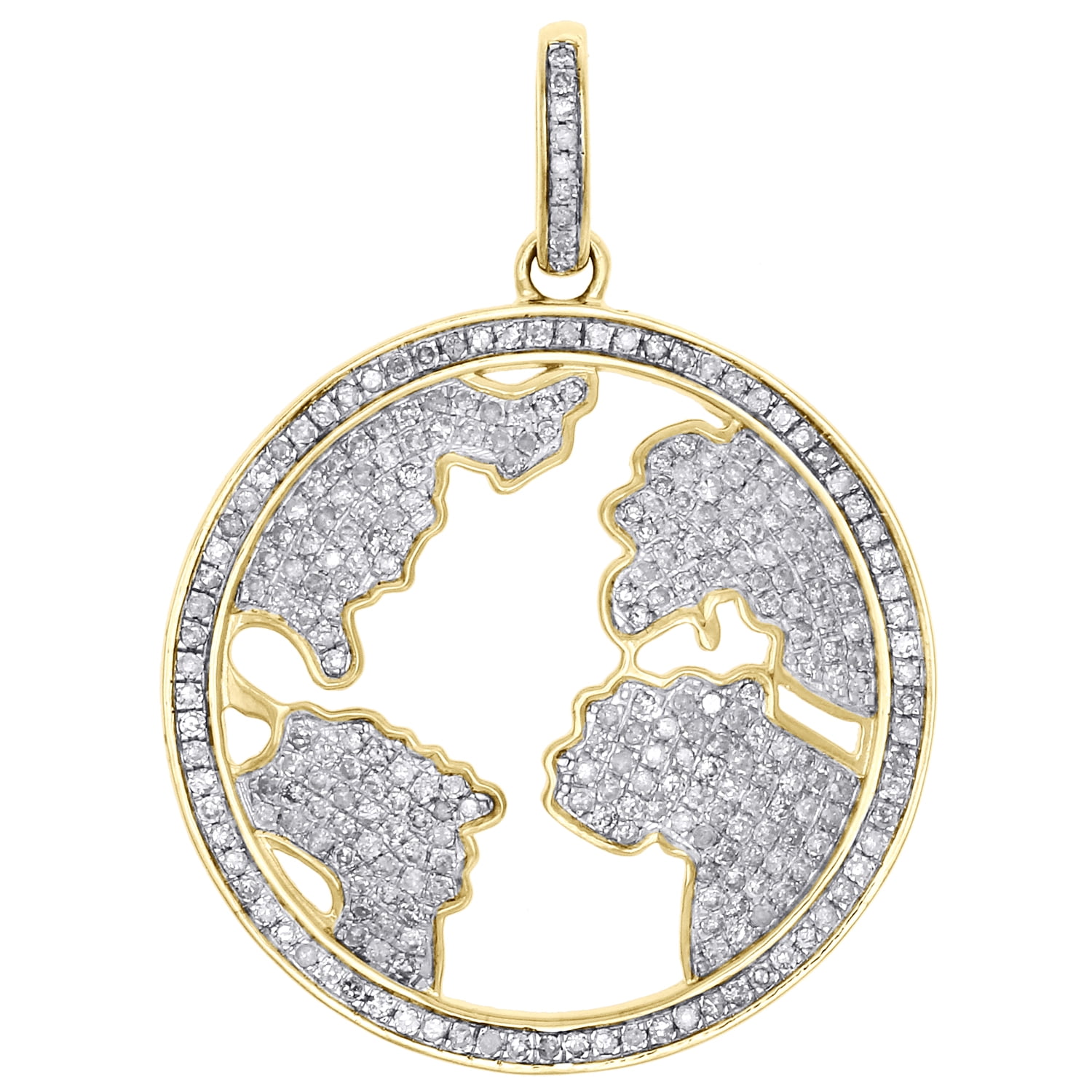 10K Yellow Gold Genuine Diamond World Map Pendant 1.70" Globe Pave ...