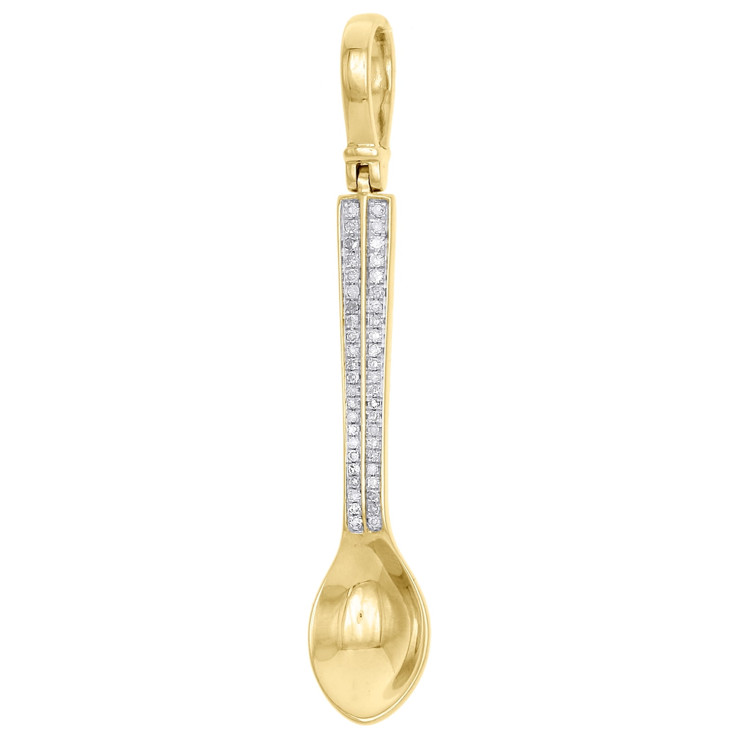 10K Yellow Gold Genuine Round Diamond Spoon Pendant 2" Mens Pave Charm ...