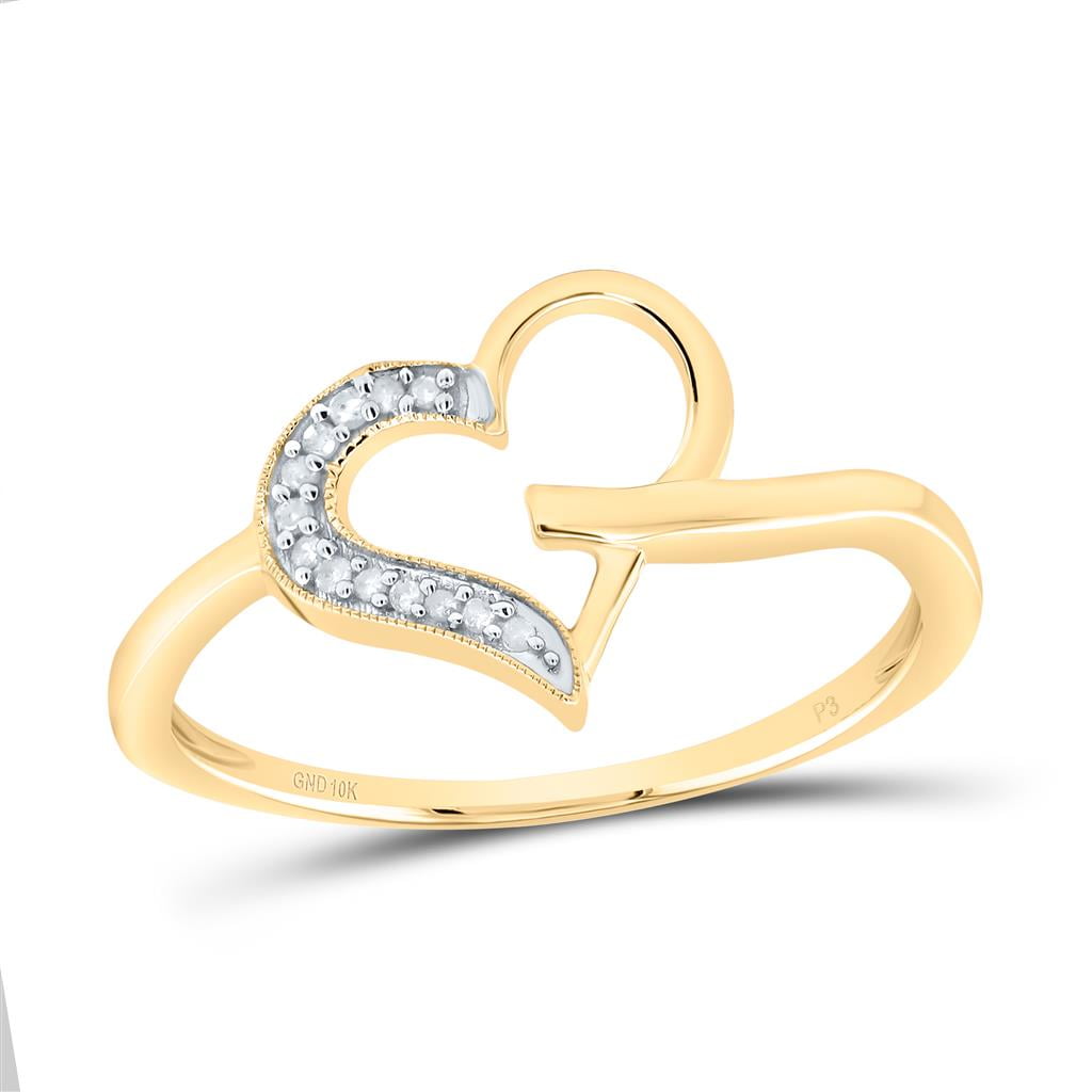 10K Yellow Gold Genuine Round Diamond Women's Slanted Open Heart Ring 1 ...